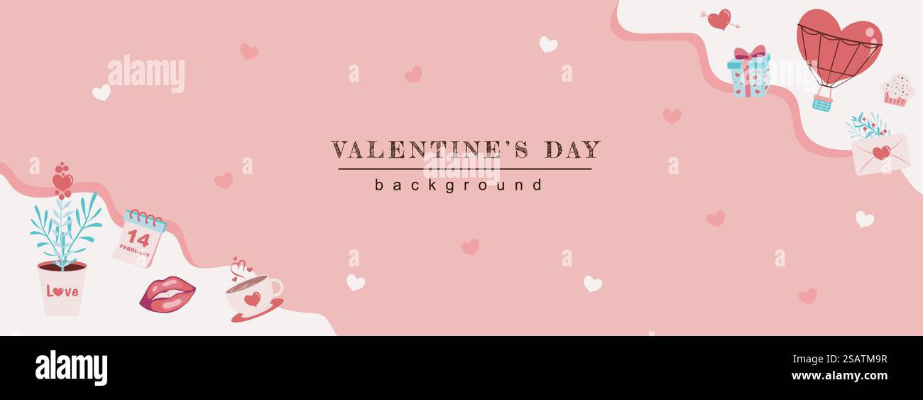Valentine Day horizontal web banner. Love flower, february date, kiss ...