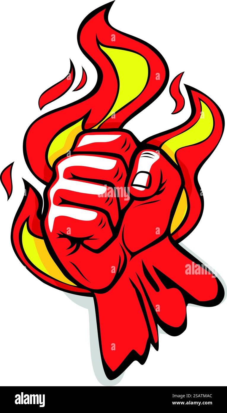 Flaming red fiery fist. Clenched fist in burning fire. Cartoon vector ...