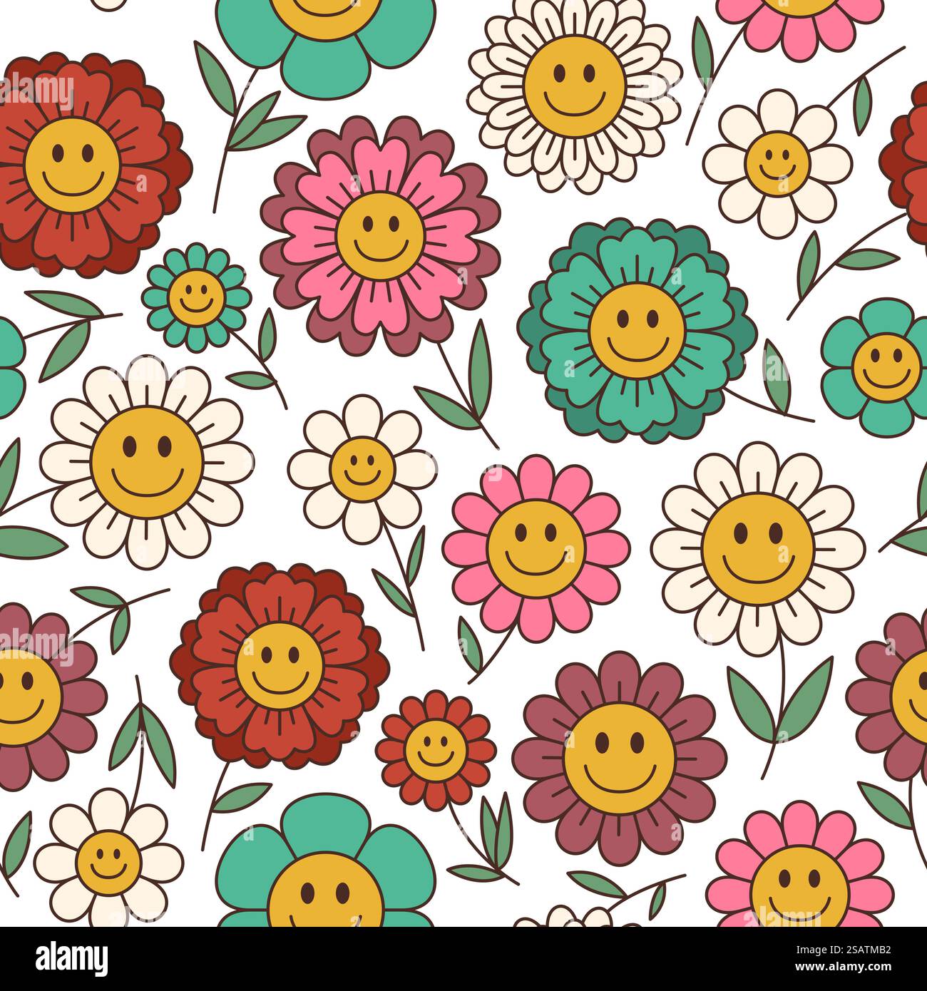 Daisy flower seamless pattern. Retro positive smiling faces, hippie ...