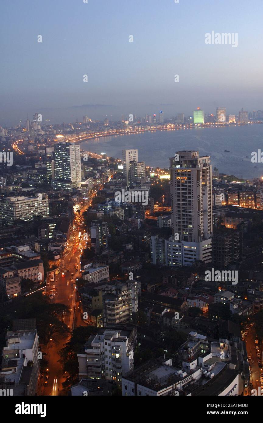 Aerial view of central Mumbai city at evening time showing Marine drive ...