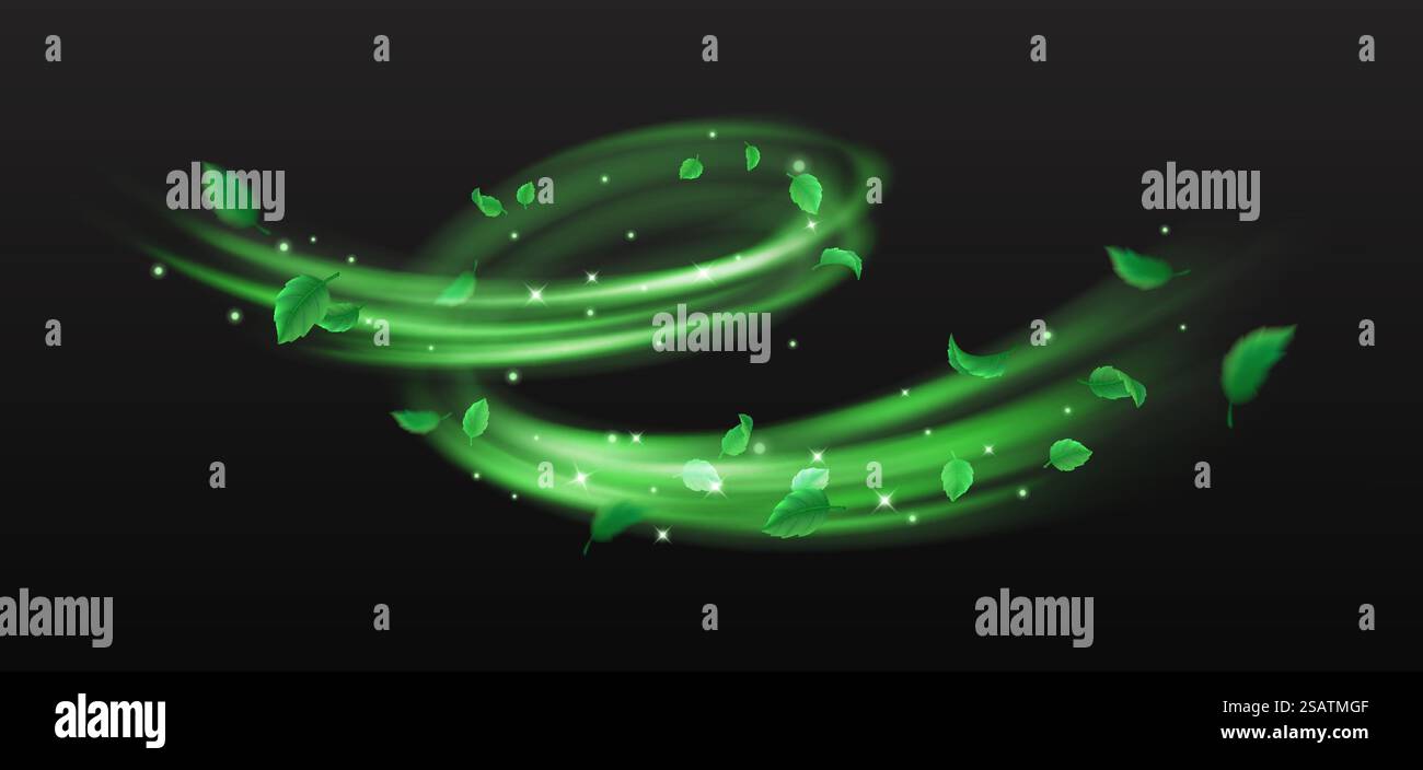 Green leaves and sparkles whirling flow of magic dust realistic vector ...