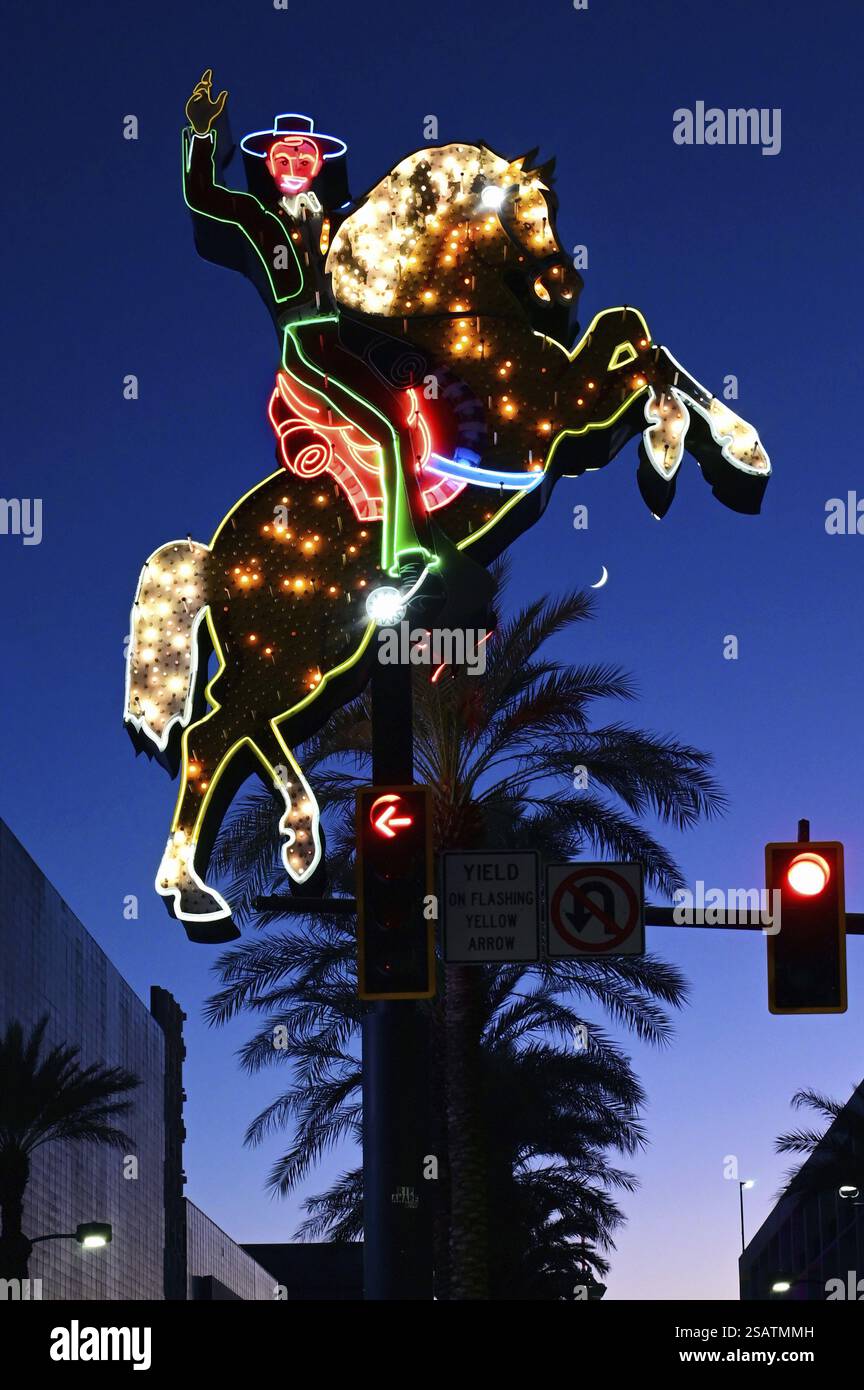 Neon sign with horse and rider, Fremont Street, Las Vegas, Nevada, USA ...