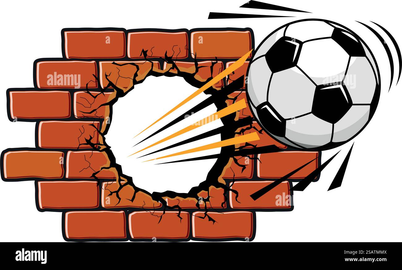 Football soccer ball breaking the brick wall. Vector sporting template ...