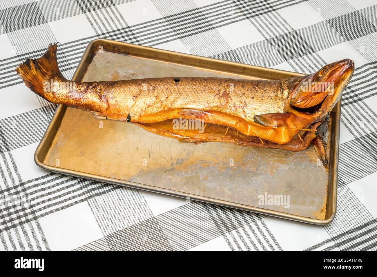 Salmon fish just cooked in smoker and ready for eating Stock Photo - Alamy