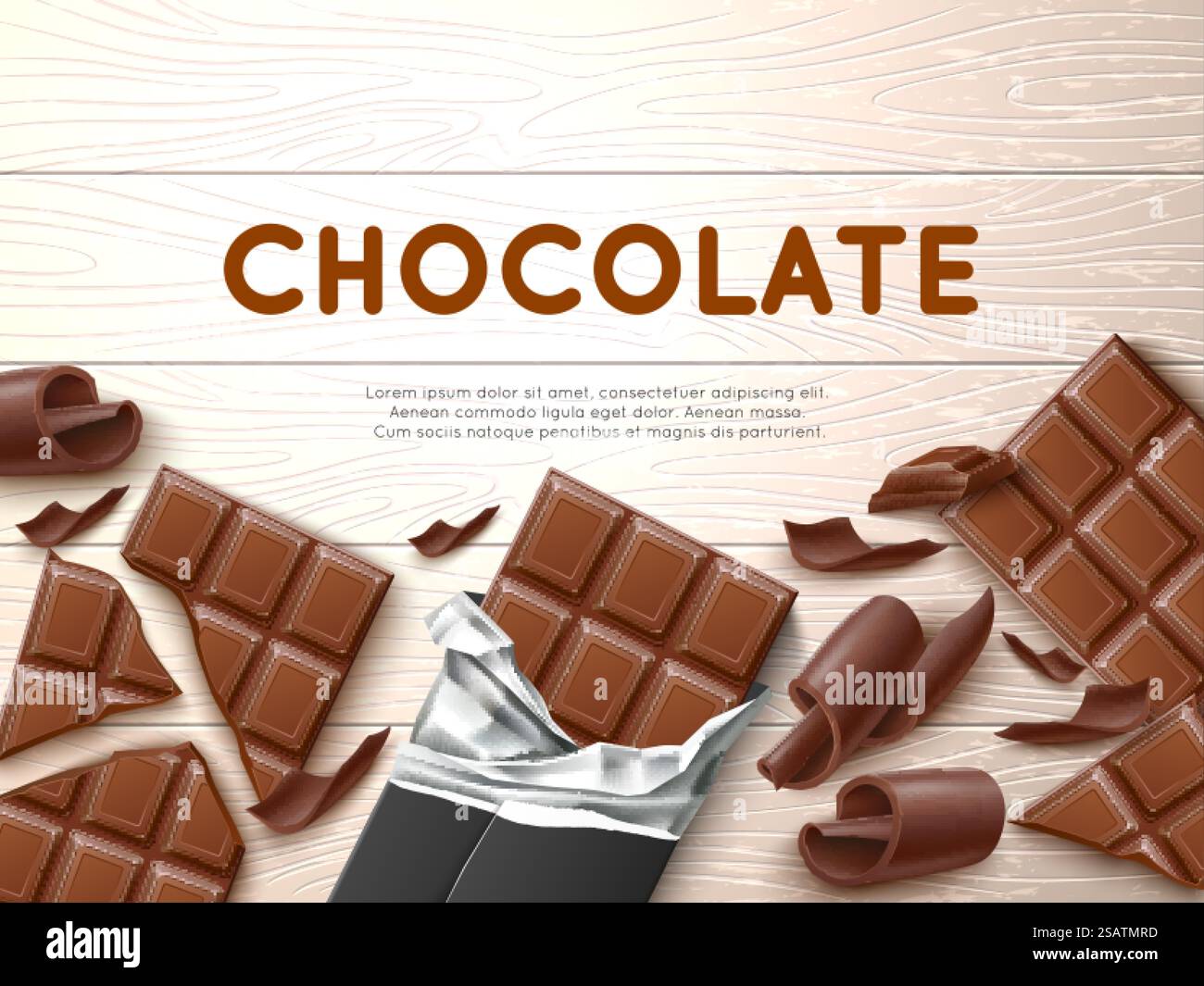Realistic chocolate frame. 3d sweet cocoa bars, delicious shavings and broken pieces, wooden ...