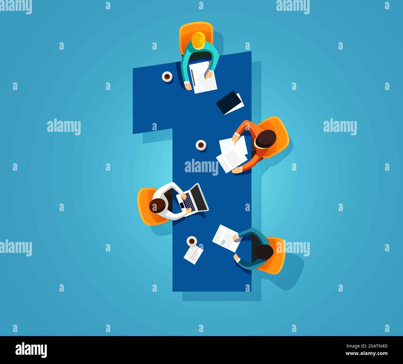 Number 1. Team works together at a table in the shape of the number one ...