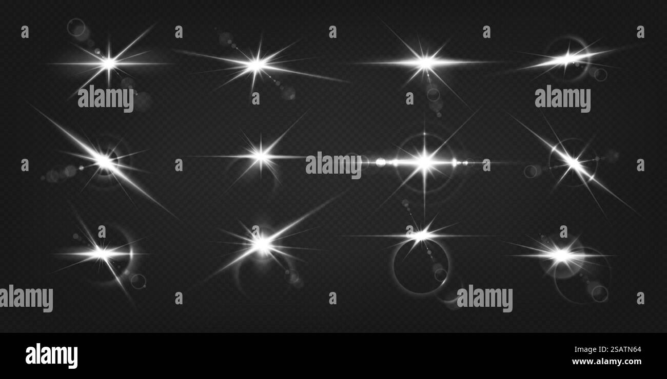 Sparkling stars realistic vector illustration set. Light blasts monochrome icons. Cosmic flares ...