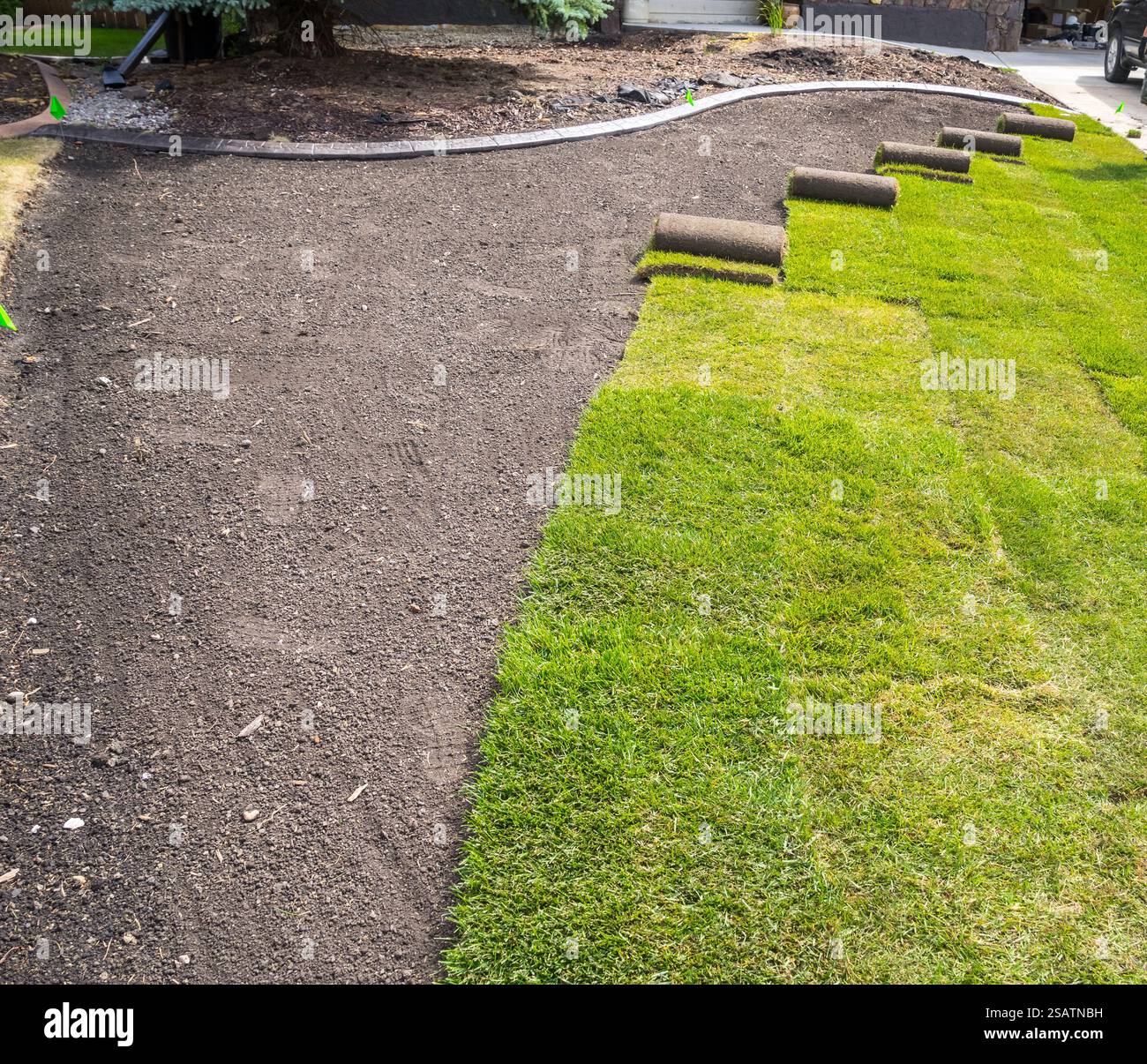 Private single house front yard lawn sod installation Stock Photo - Alamy