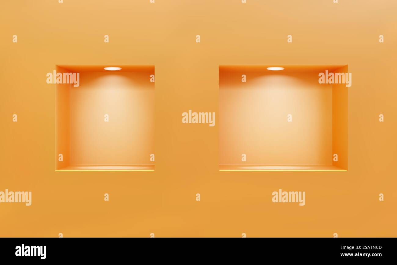 Two empty niches or shelves on orange wall with led spotlight 3D mockup ...