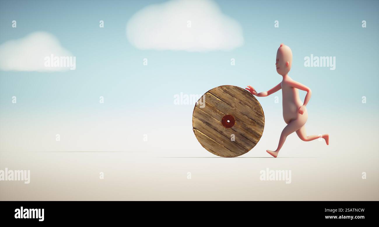 Conceptual man pushing a wooden wheel. Process and work in progress ...