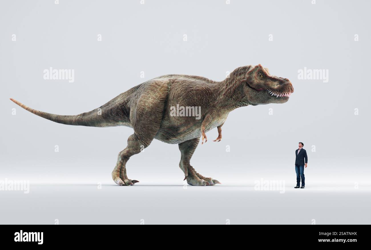 Size comparison between tyrannosaurus rex and human. This is a 3D rendering illustration Stock ...