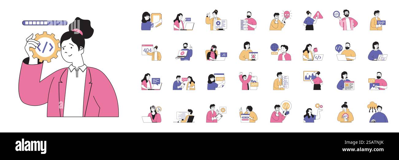 Programming concept with character situations mega set in flat web design. Bundle of scenes ...