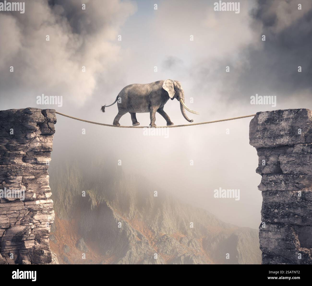 Elephant walks on rope above a gap between two mountain peaks. Risk ...
