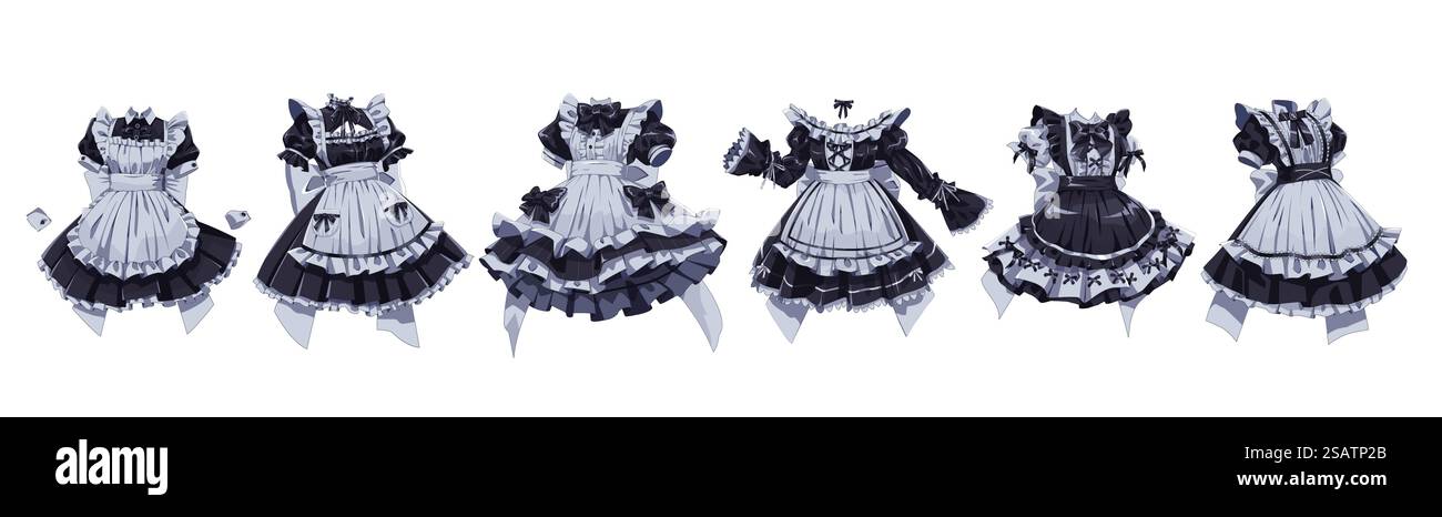 Maid Cafe Uniforms Color Vector Illustration Set. Anime Women