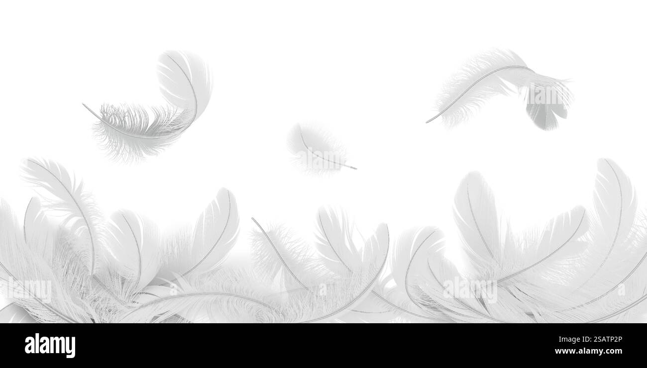 Flying feathers fall down on pile realistic vector illustration. White ...
