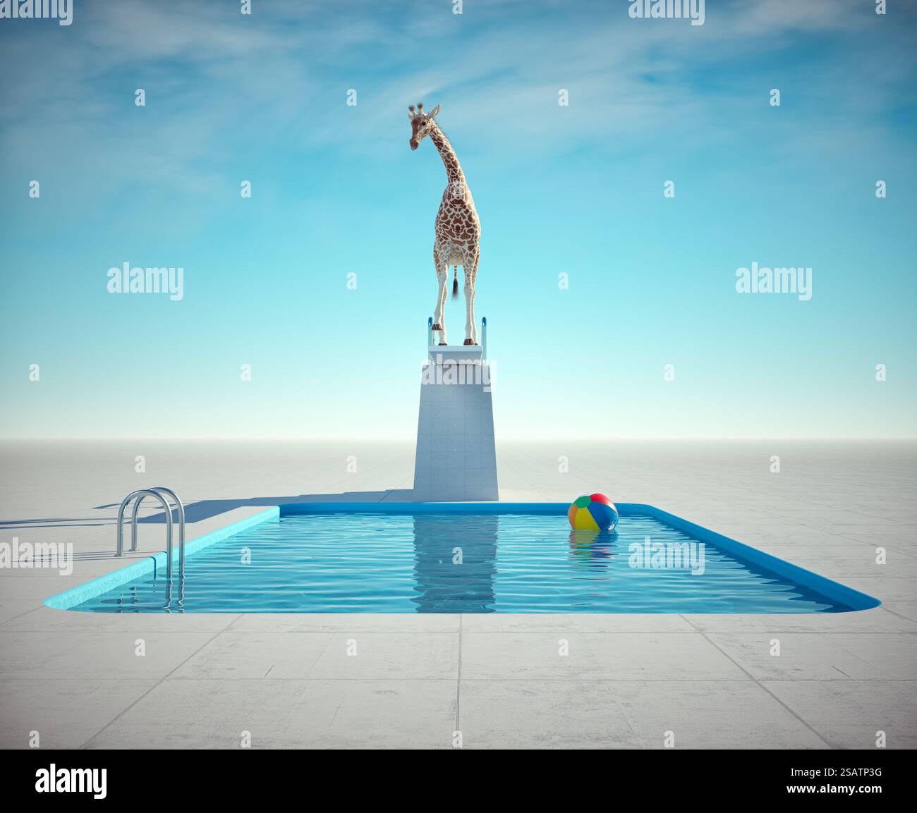 Giraffe getting ready to jump into the pool. This is a 3d render ...