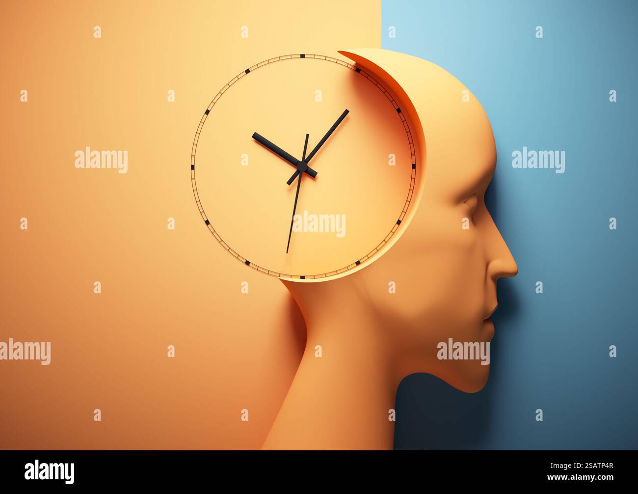 Human head profile with clock in place of brain. Overthinking ...