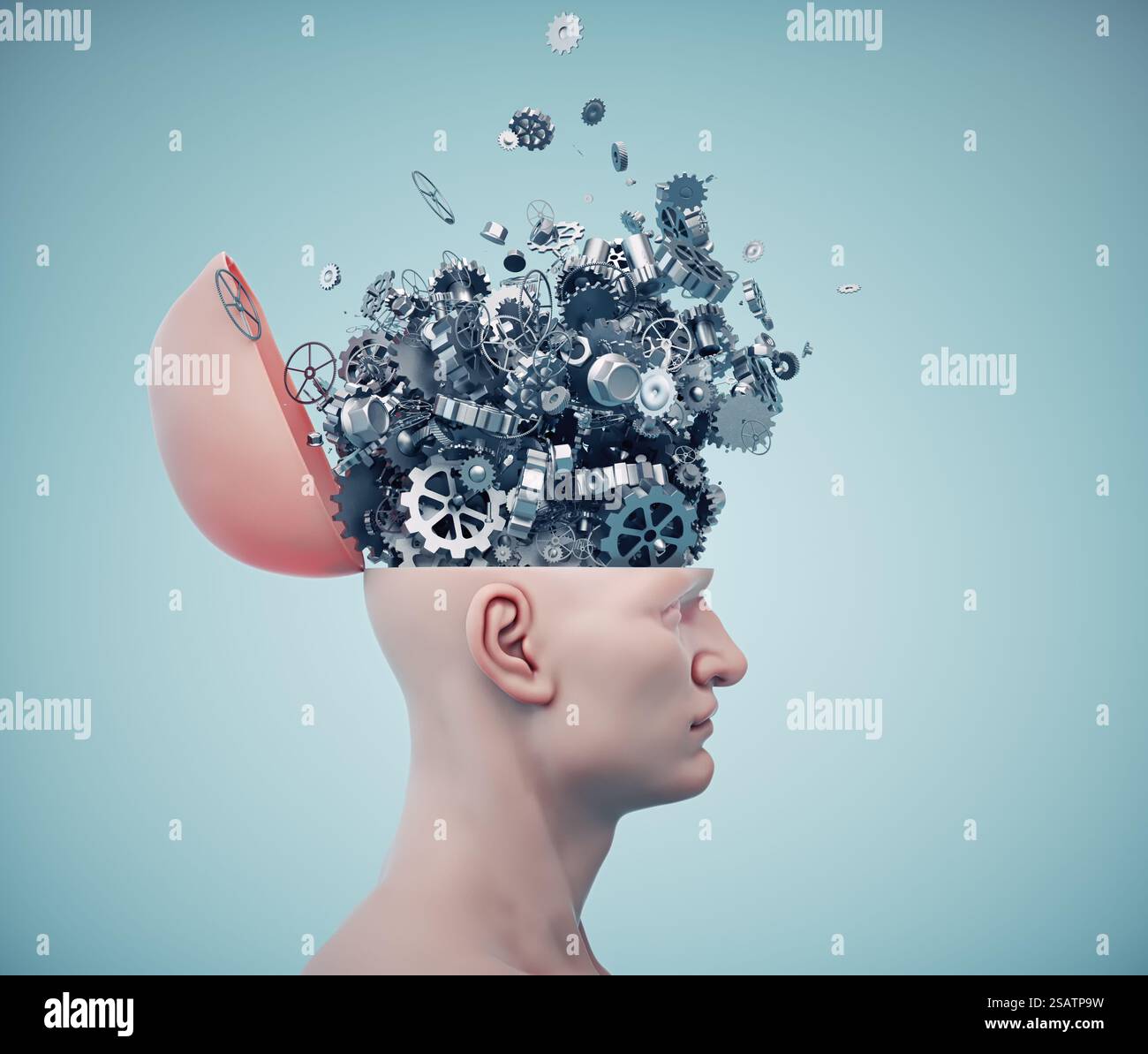 Man with half head and a bunch of screws and mechanic pieces getting ...