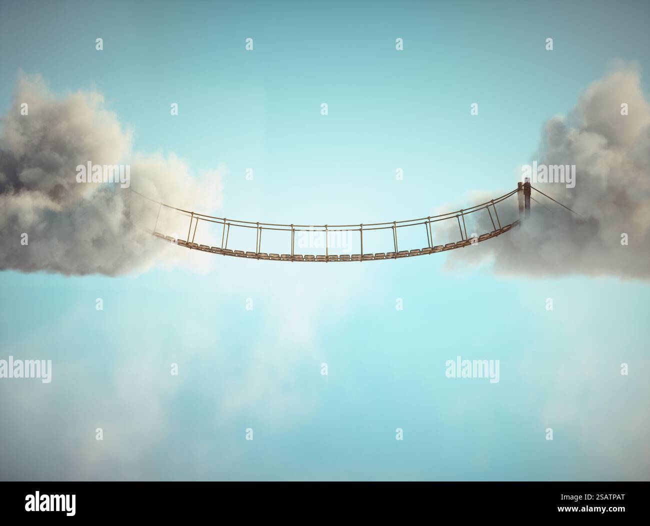 Surreal image of a rope bridge connecting two clouds. The concept of ...