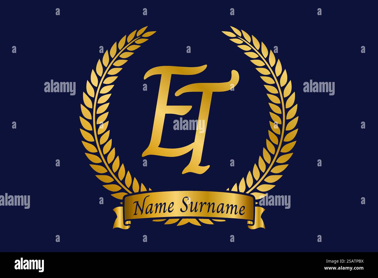 Initial letter E and T, ET monogram logo design with laurel wreath. Luxury golden emblem with ...