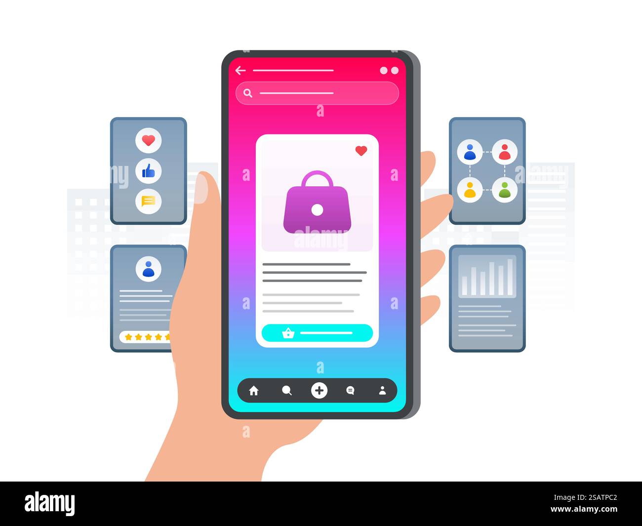 Social commerce illustration. Social media, feedback, native advertising, community, influencer ...