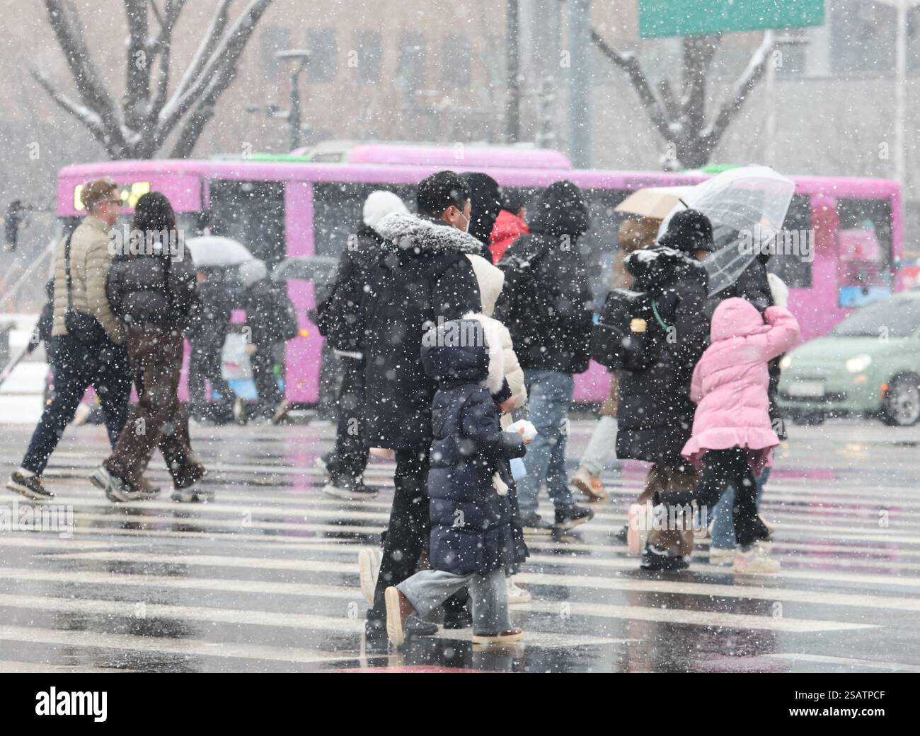31st Jan, 2025. Snow in downtown Seoul People walk across a crosswalk ...