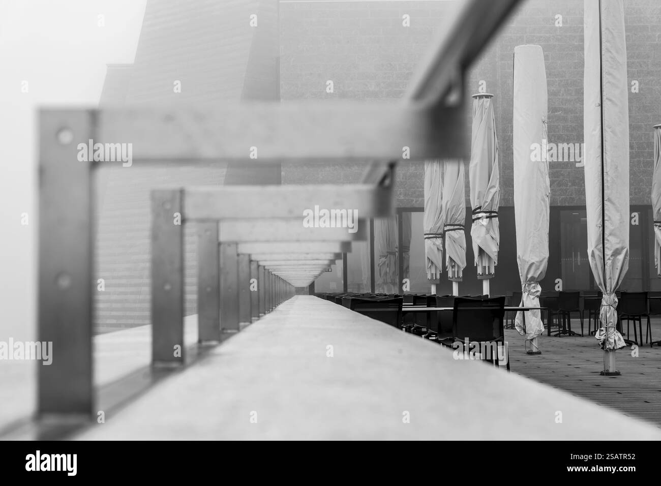 Modern Restaurant Terrace with Railing in the Clouds in a Cloudy Day in ...