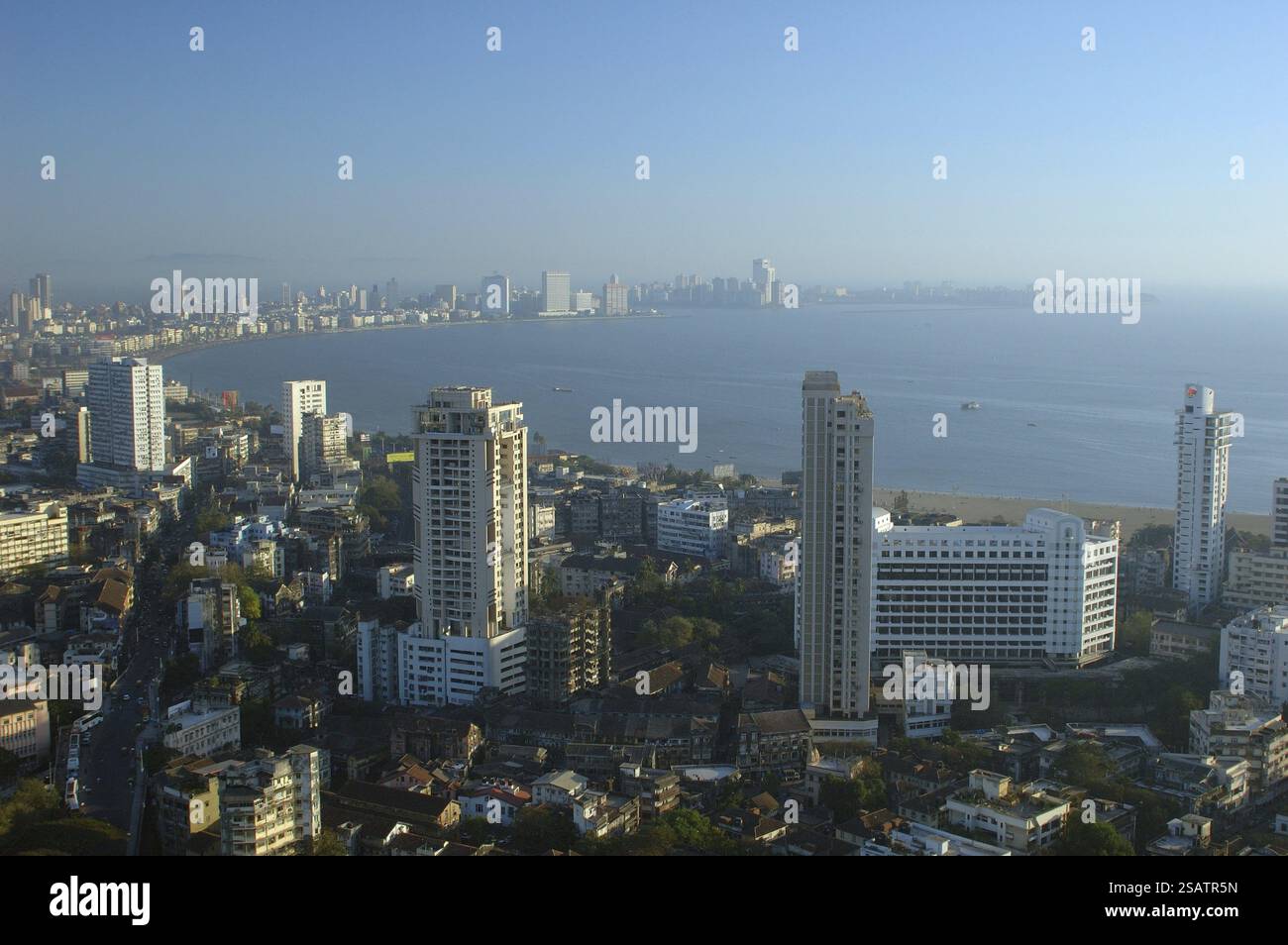 Aerial view of central Mumbai city showing Marine drive queens necklace ...