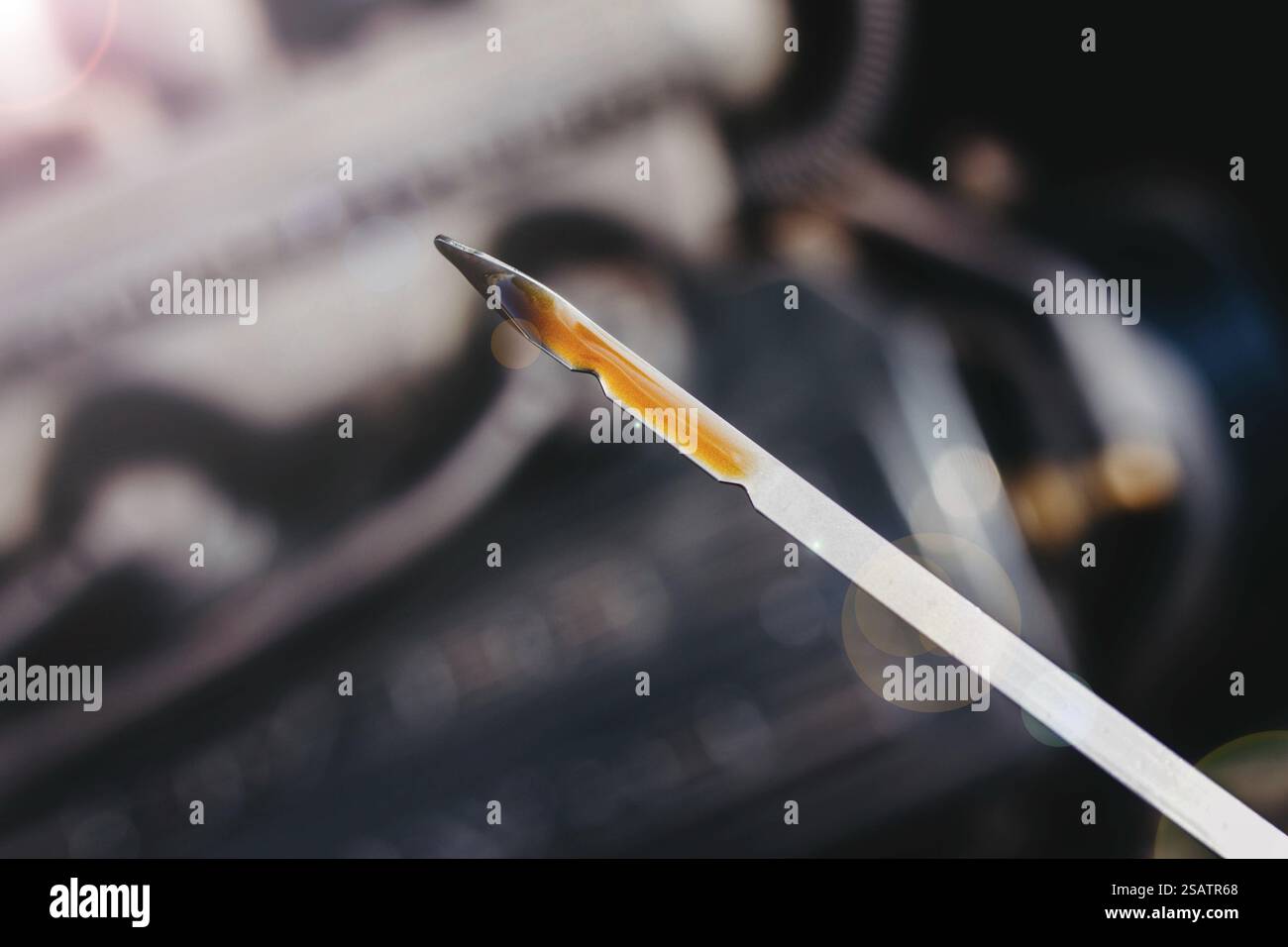 Metal dipstick showing oil level, used for checking the engine oil ...