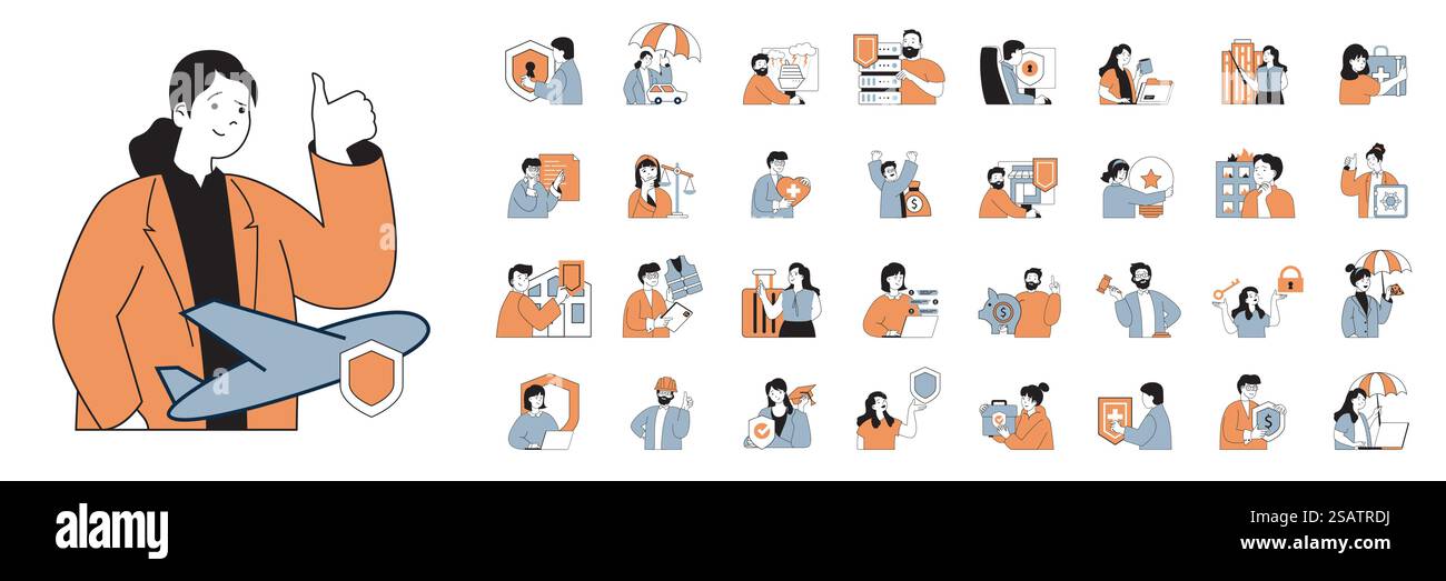 Insurance concept with character situations mega set in flat web design ...