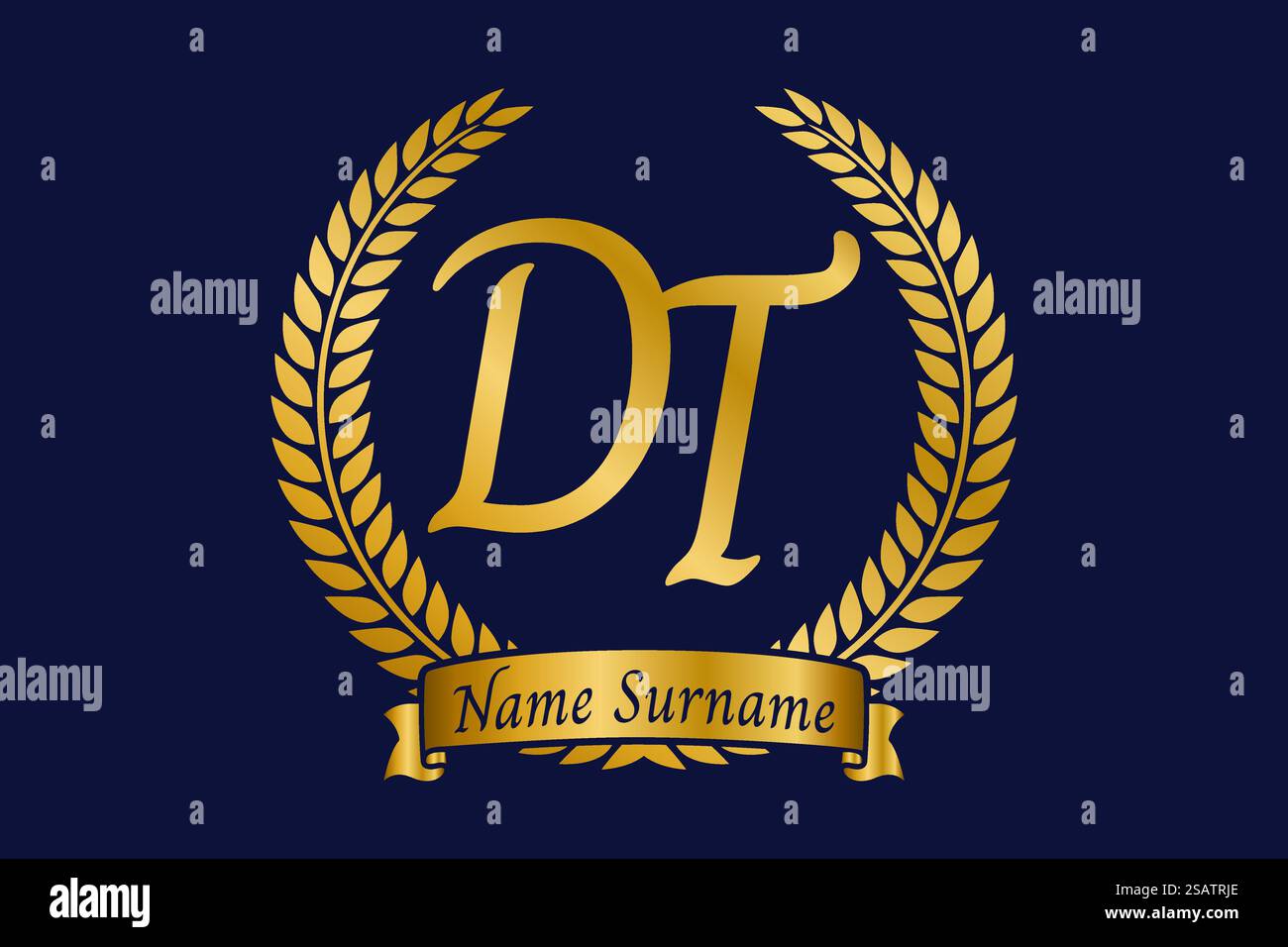 Initial letter D and T, DT monogram logo design with laurel wreath. Luxury golden emblem with ...
