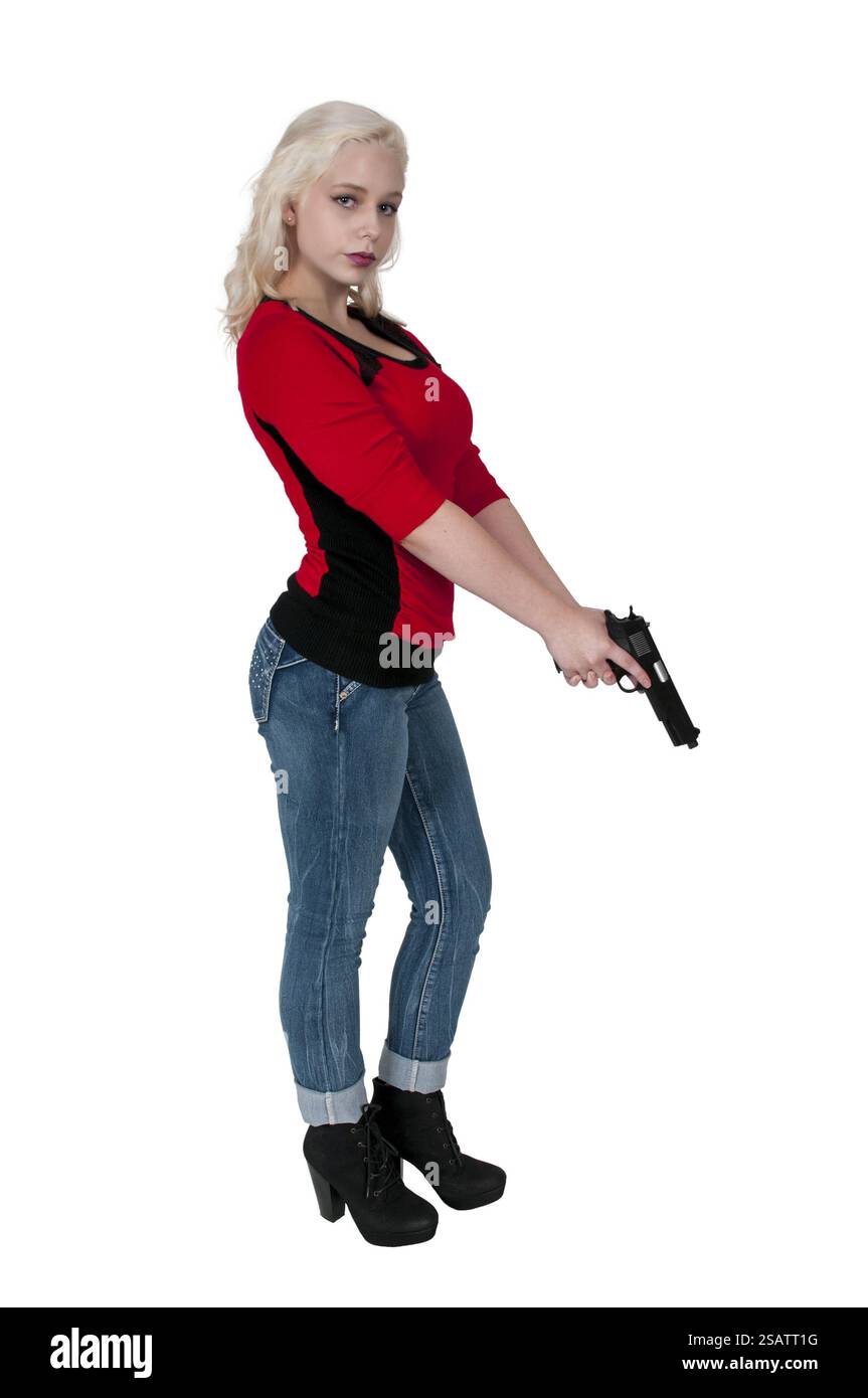 Beautiful woman with a loaded handgun pistol Stock Photo - Alamy