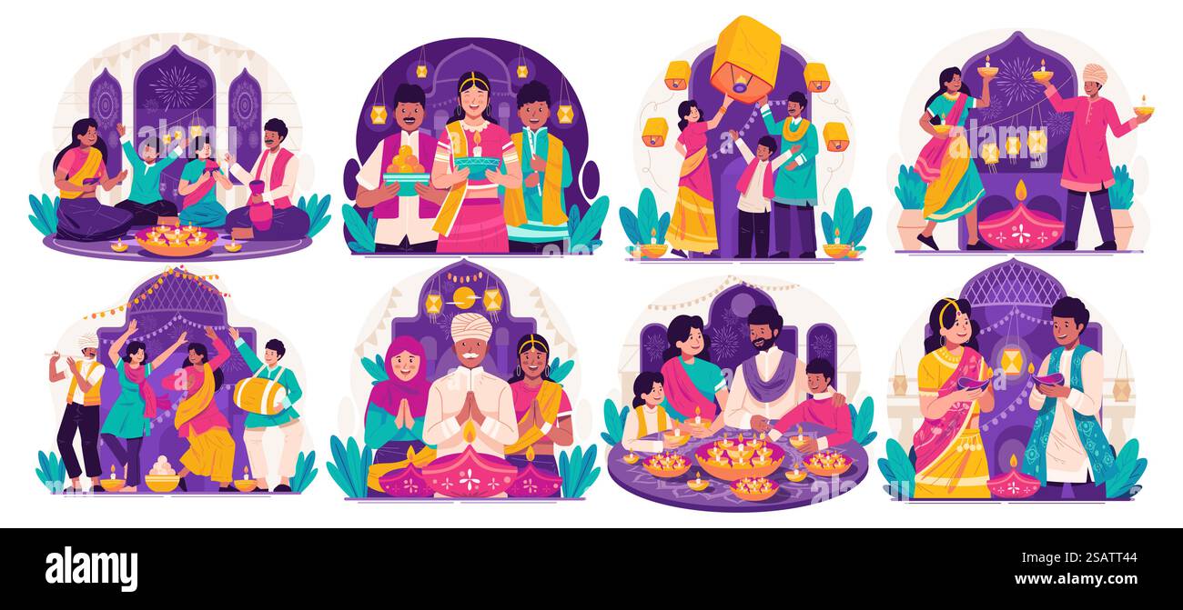 Illustration Set of Happy Diwali Greetings. Indian People in ...