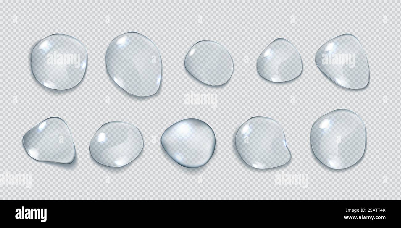 Clear liquid blobs group realistic vector illustration set. Irregular ...