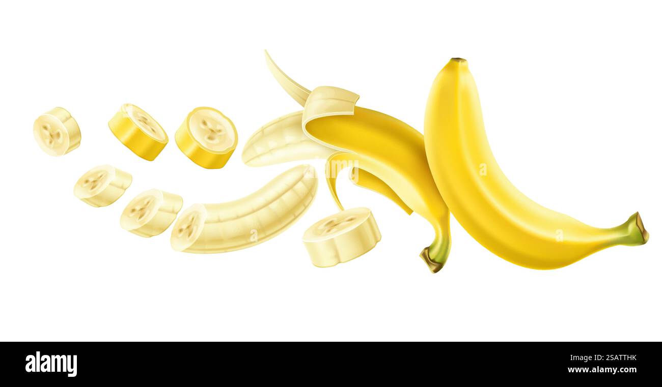 Flying banana composition. Realistic tropical sweet fruit isolated on ...