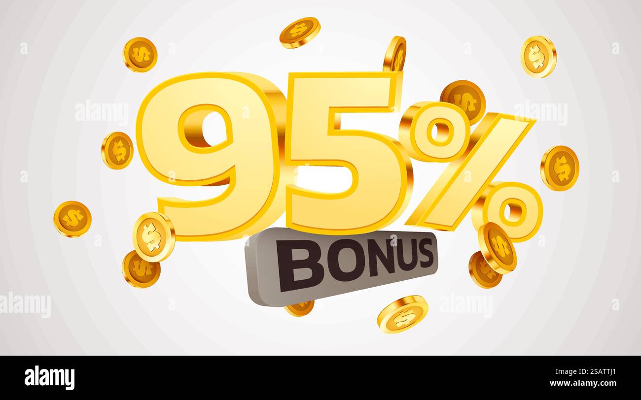 95 percents bonus. Falling golden coins. Cashback or prize concept ...