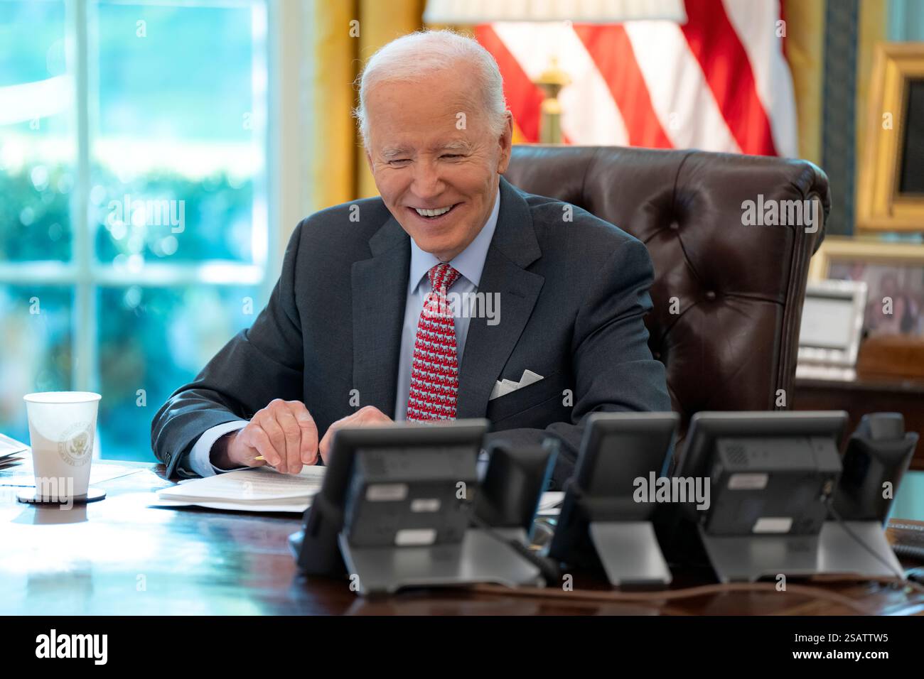 President Joe Biden talks on the phone with NATO Secretary Mark Rutte ...