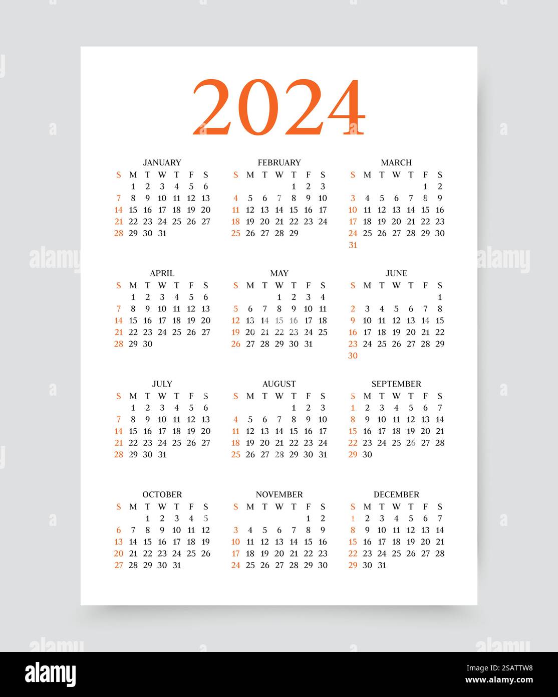 2024 calendar. Calender layout. Week starts Sunday. Desk, pocket ...
