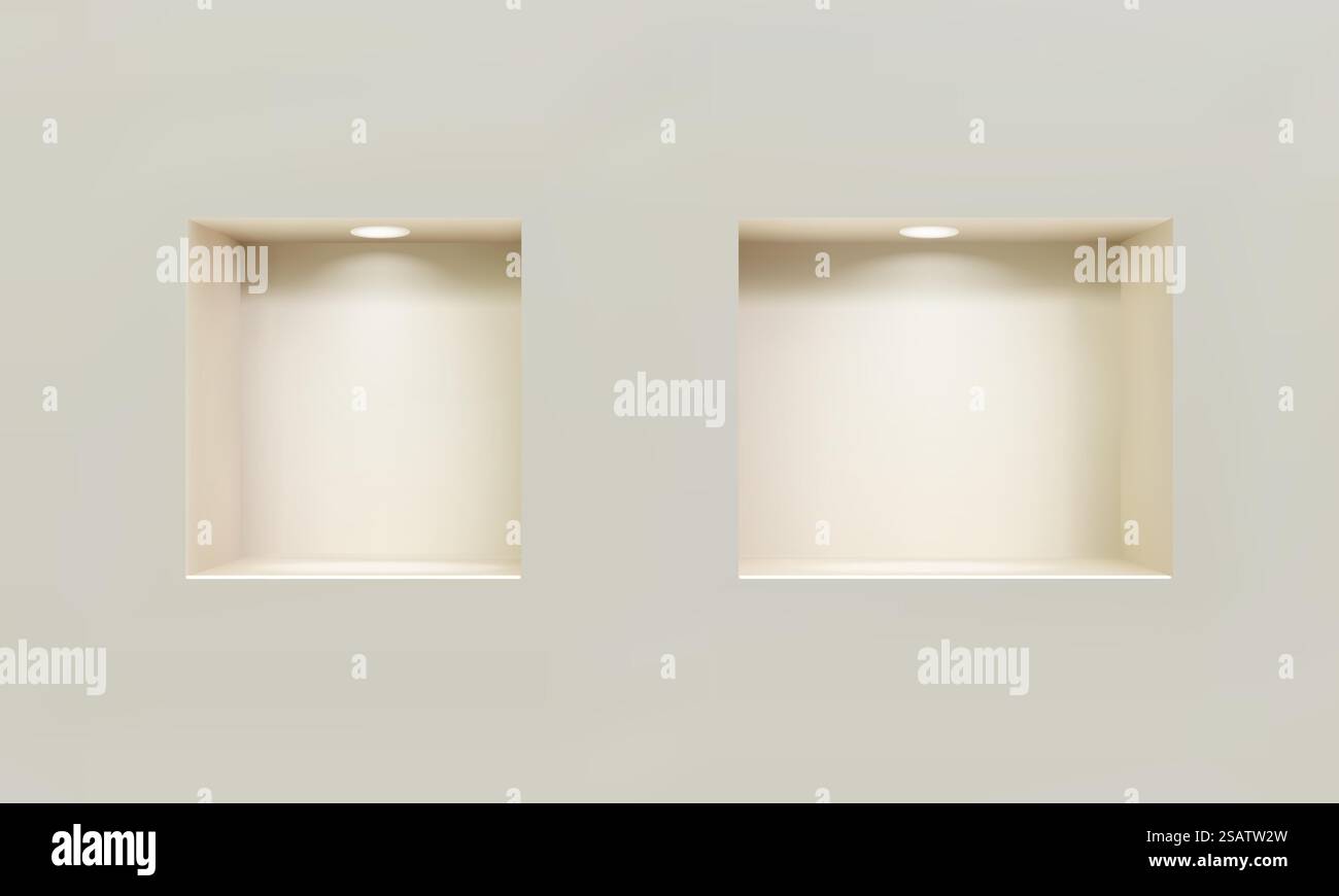 Two empty niches or shelves on white wall with led spotlight 3D mockup ...