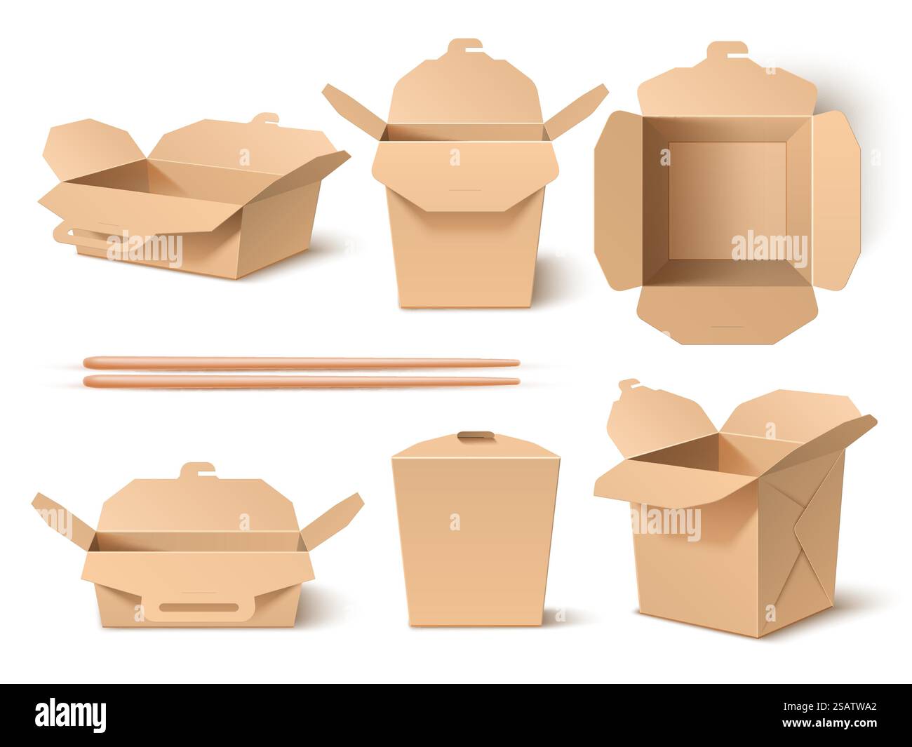 Brown wok box and chopsticks. Realistic takeaway noodles and rice ...