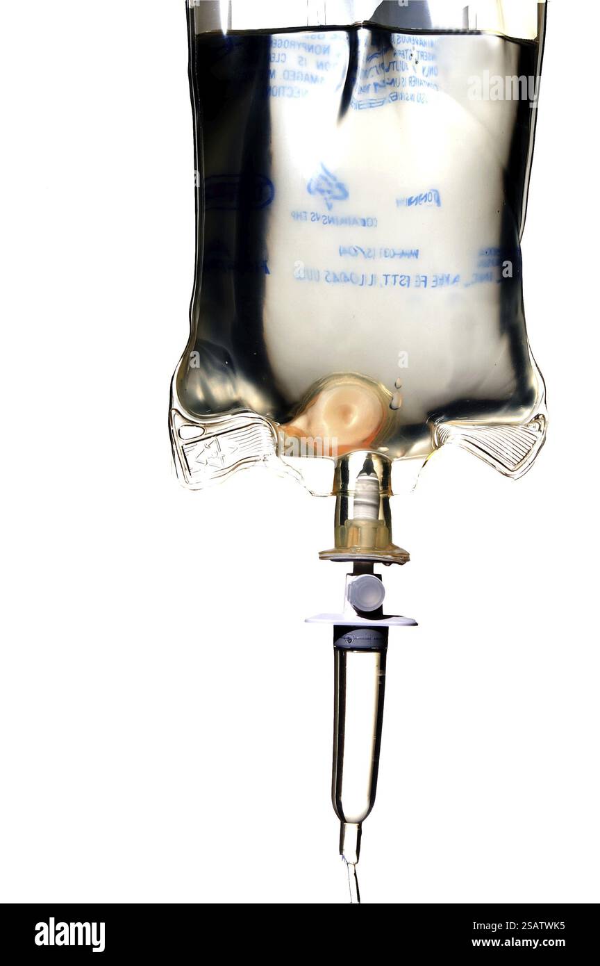 A hanging medical prescription IV medicine bag Stock Photo - Alamy