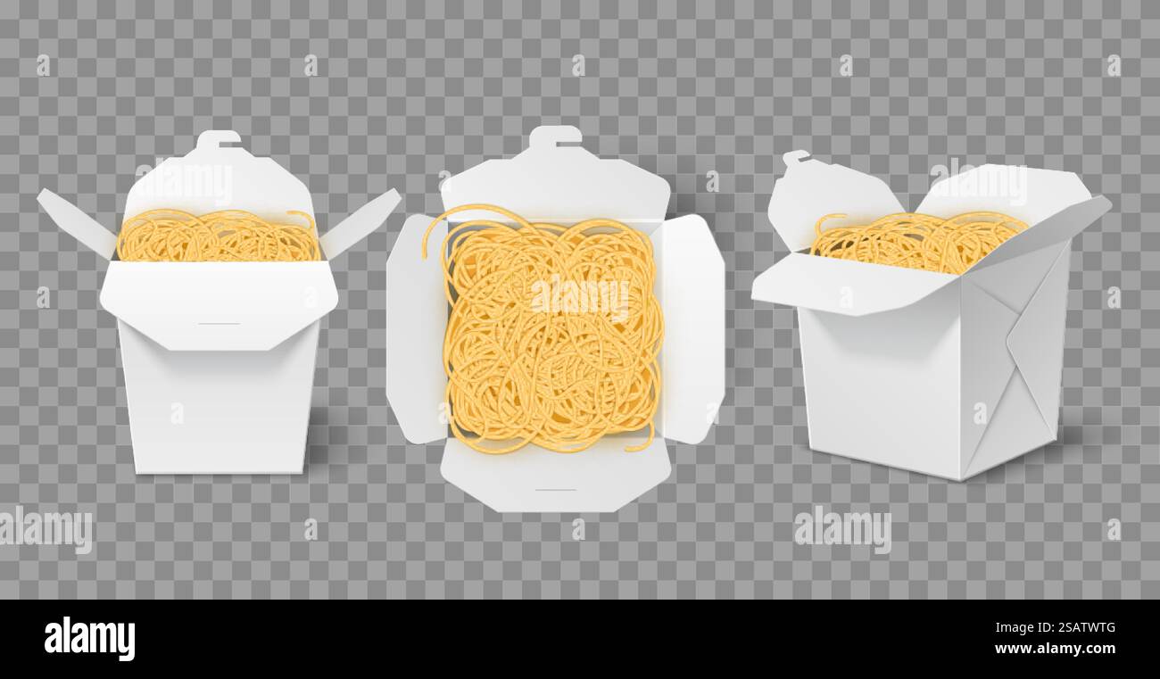 Wok box with noodles. Realistic cardboard pasta container, different ...