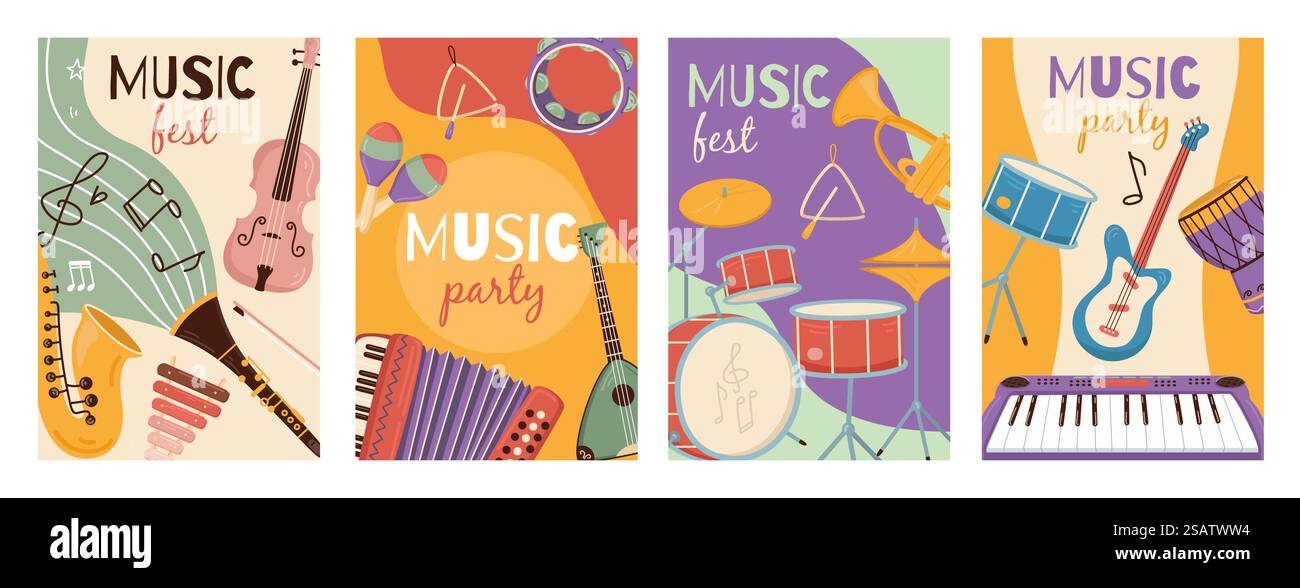 Musical instruments cards. Festivals and party posters with different ...