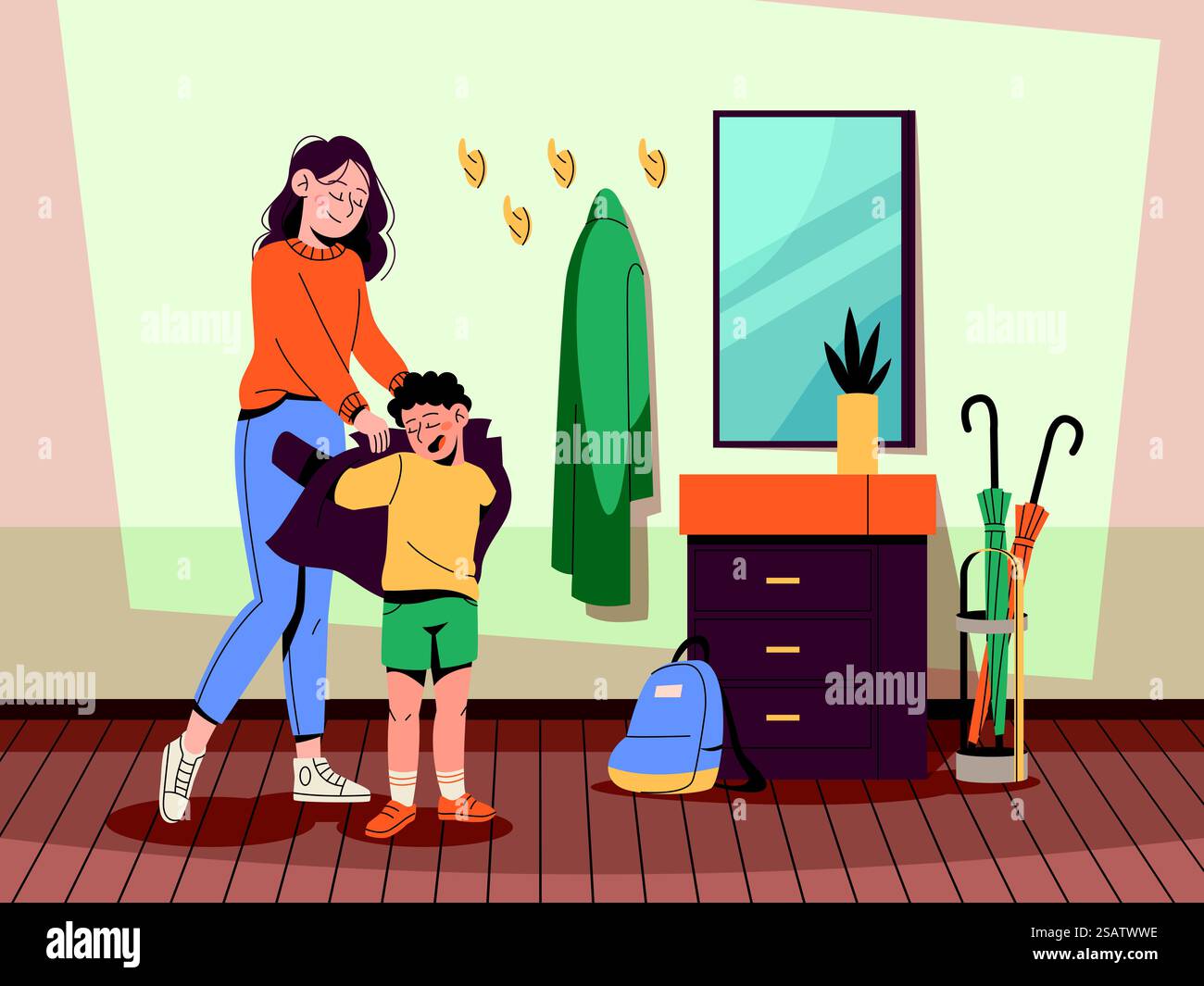 Help dressed child. Mom helps son put on jacket, caring parent, happy ...