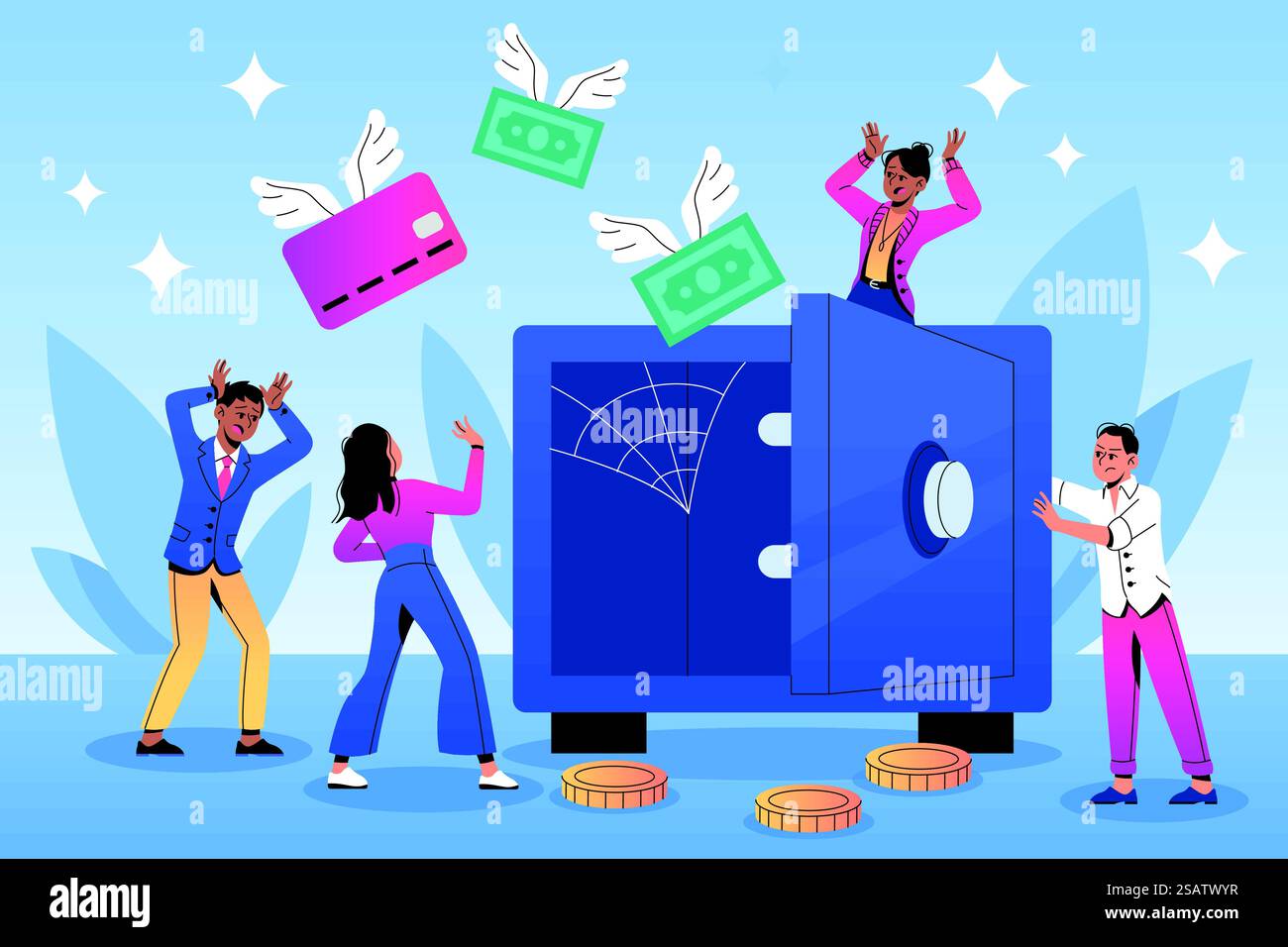 Financial problem. People lost money, empty open safe, businessmen in ...