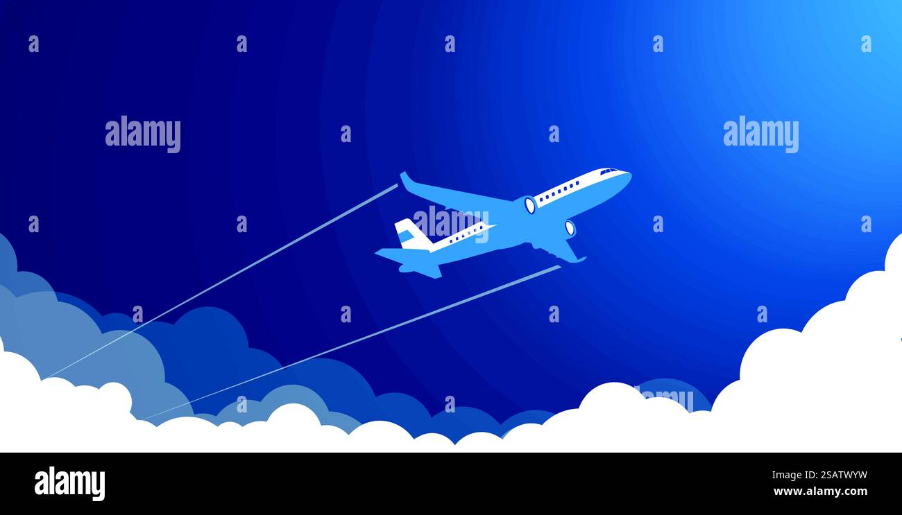 Air plane in the sky rises above the clouds towards the sun. Vector ...