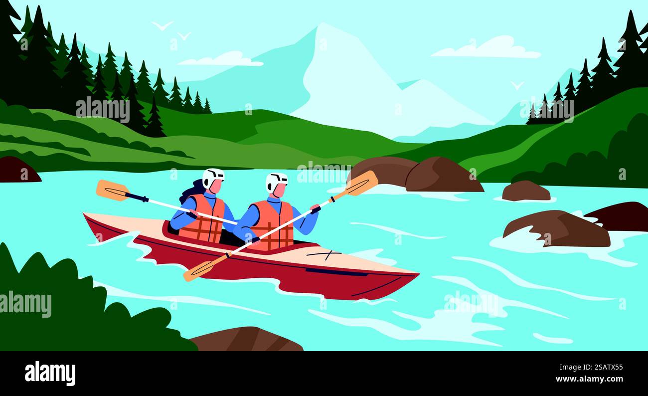 Extreme people. Rafting and kayaking sport, couple in boat, stormy ...