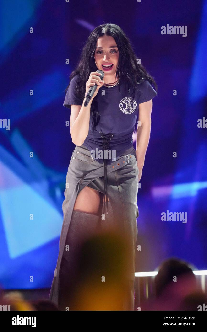 Katy Perry performs during the FireAid benefit concert on Thursday, Jan. 30, 2025, at Intuit ...