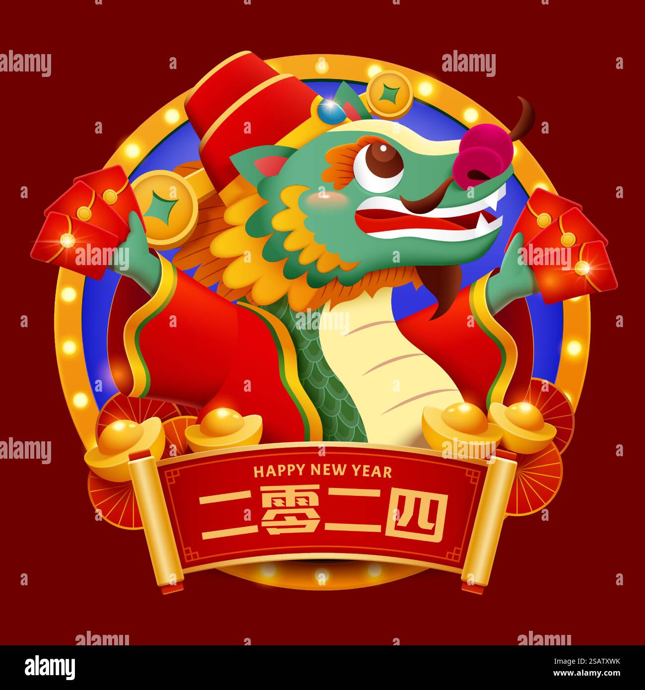 CNY god of wealth dragon holding red envelope on round bulb frame with ...
