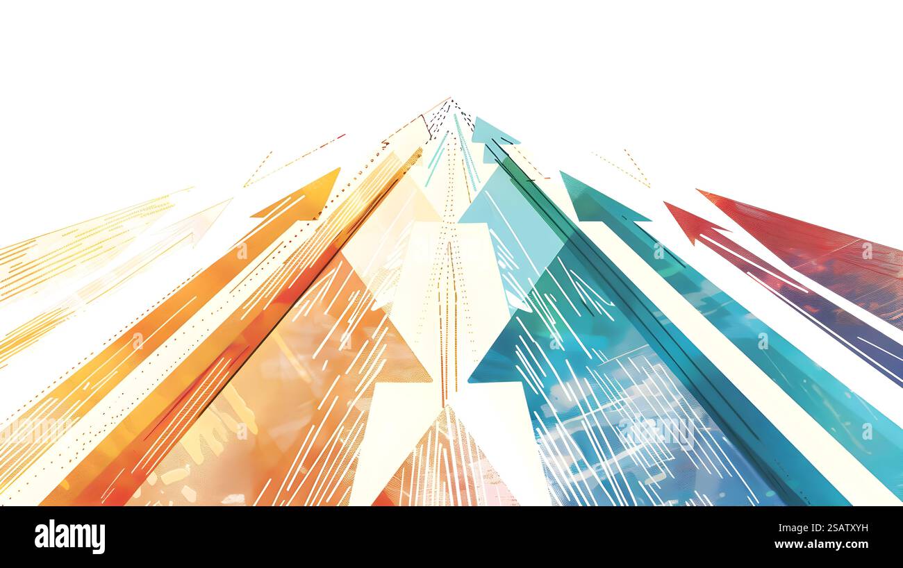 This abstract image showcases a minimalist,low-poly design featuring a set of geometric arrows ...
